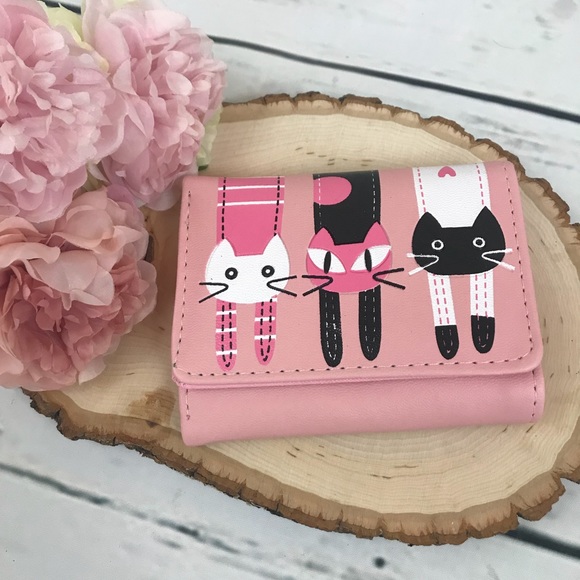 Bags | Vegan Leather Pink Cat Wallet | Poshmark